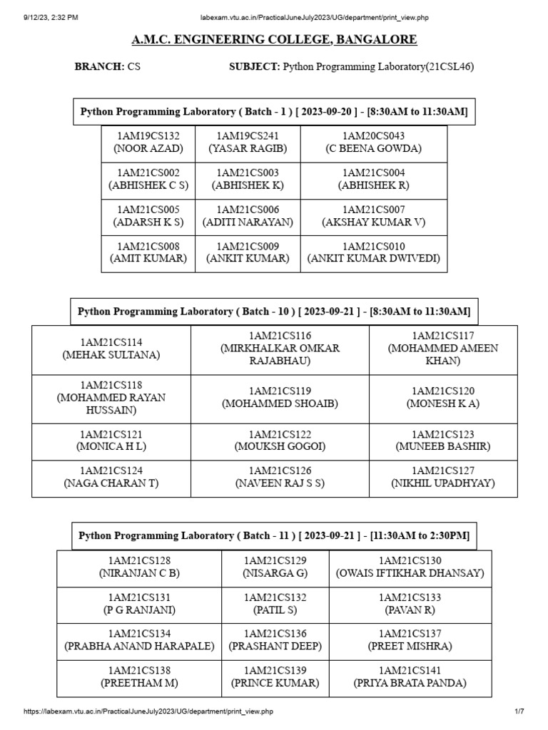 Python 21CSL46 Lab Exam Dates 2022-23 | PDF