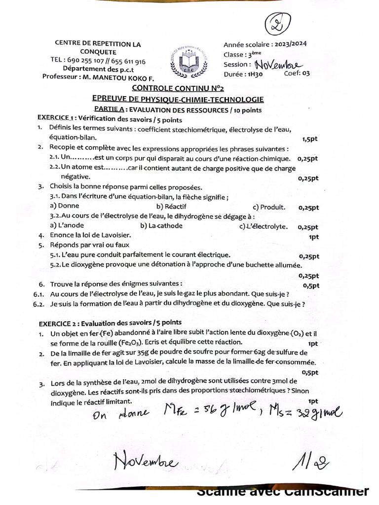 EPREUVE 1 - PCT 3e | PDF