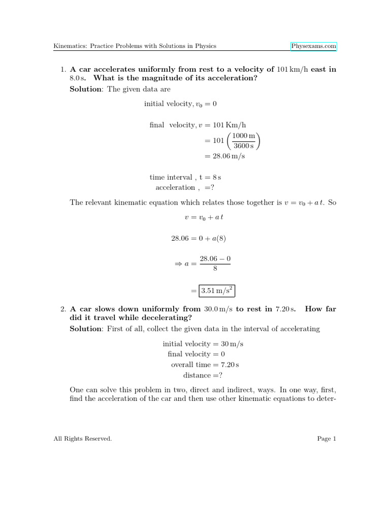 Kinematics Practice Problems in Physics | PDF | Velocity | Kinematics