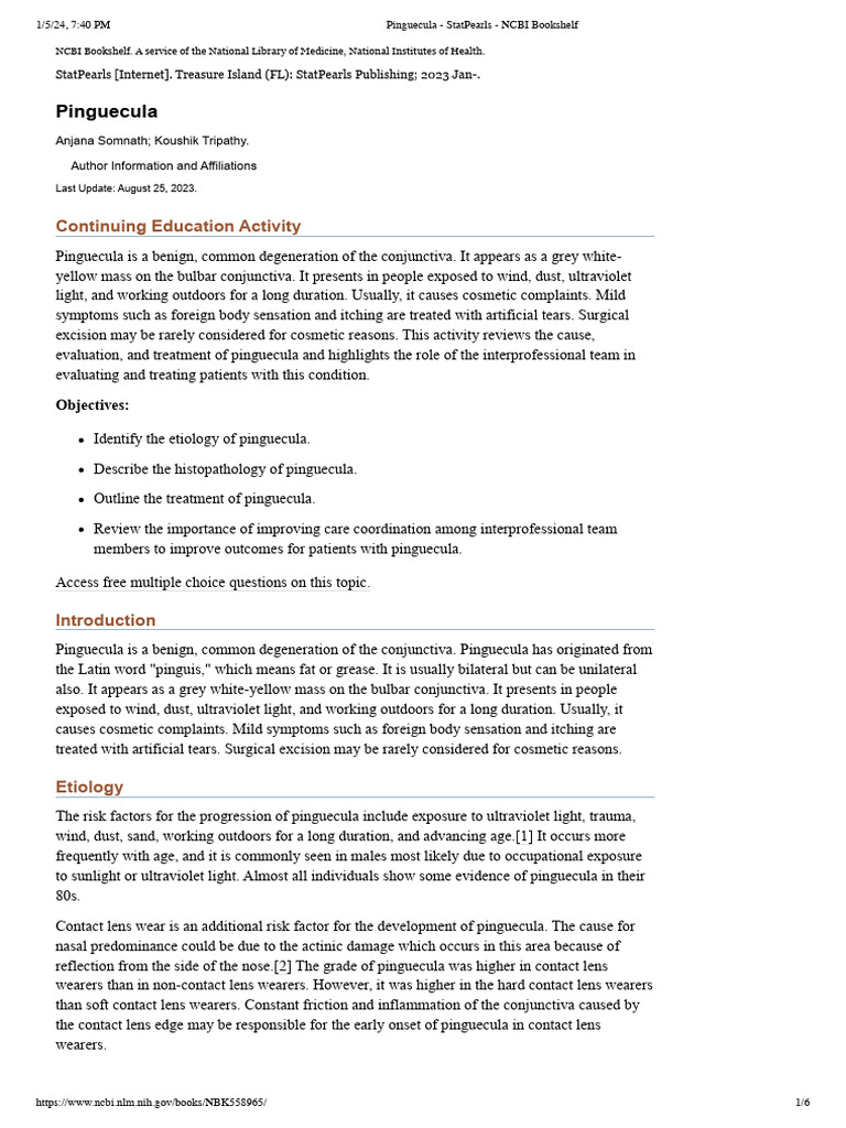 Pinguecula - StatPearls - NCBI Bookshelf | PDF | Human Eye | Clinical Medicine