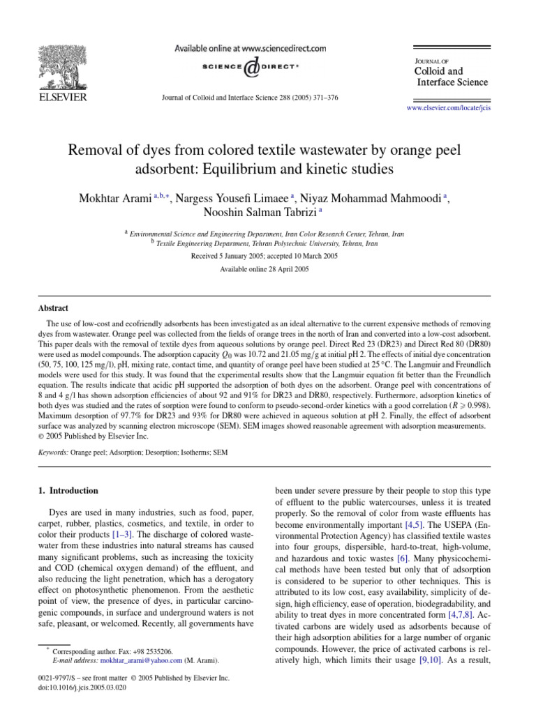 Removal of Dyes From Colored Textile Was | PDF | Adsorption | Chemistry
