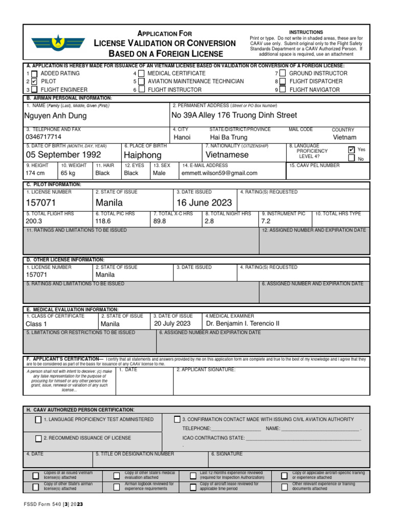 Vietnam Pilot License Application Form | PDF | Aviation