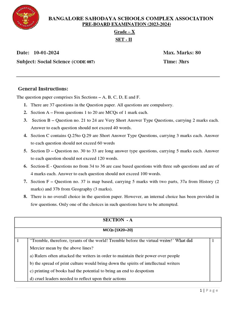 Grade10PreboardExaminationSocialScience-SET2-QP 1889 | PDF