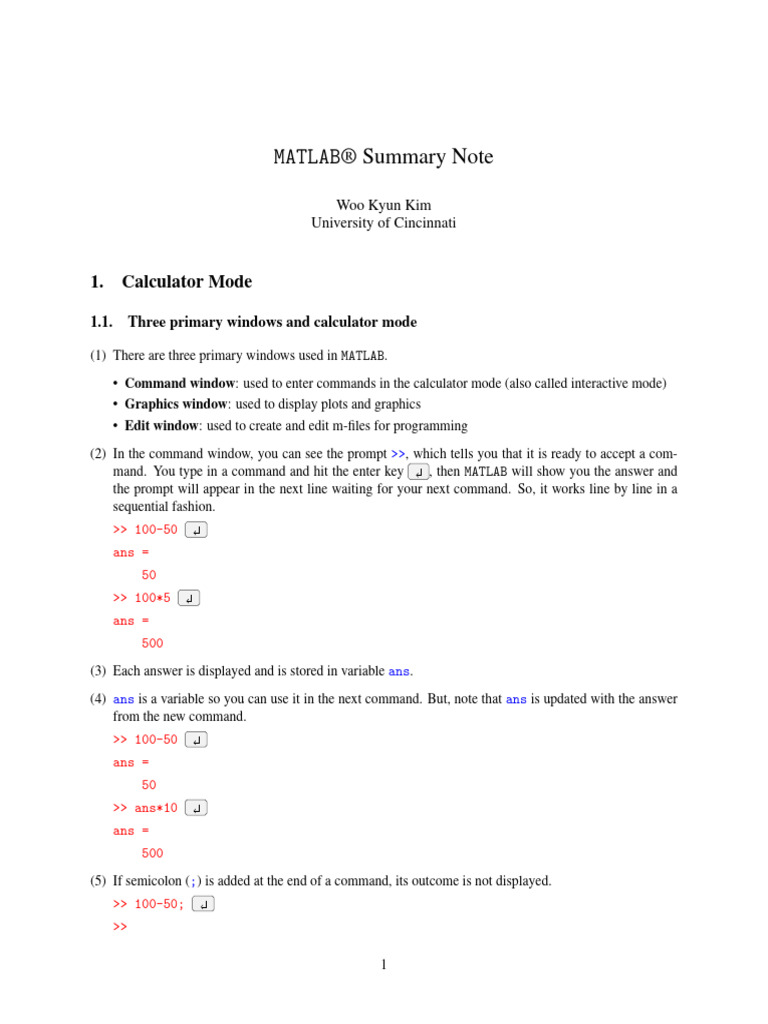 MATLAB Note | PDF | Matrix (Mathematics) | Matlab