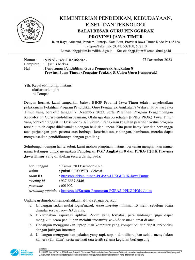 (PP & CGP) Undangan Penutupan PGP A8 & PPKG PJOK Jawa Timur | PDF