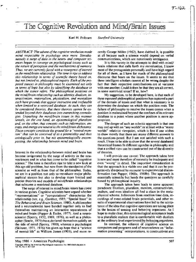 1986 - Pribram - The Cognitive Revolution and Mind-Brain Issues | PDF ...