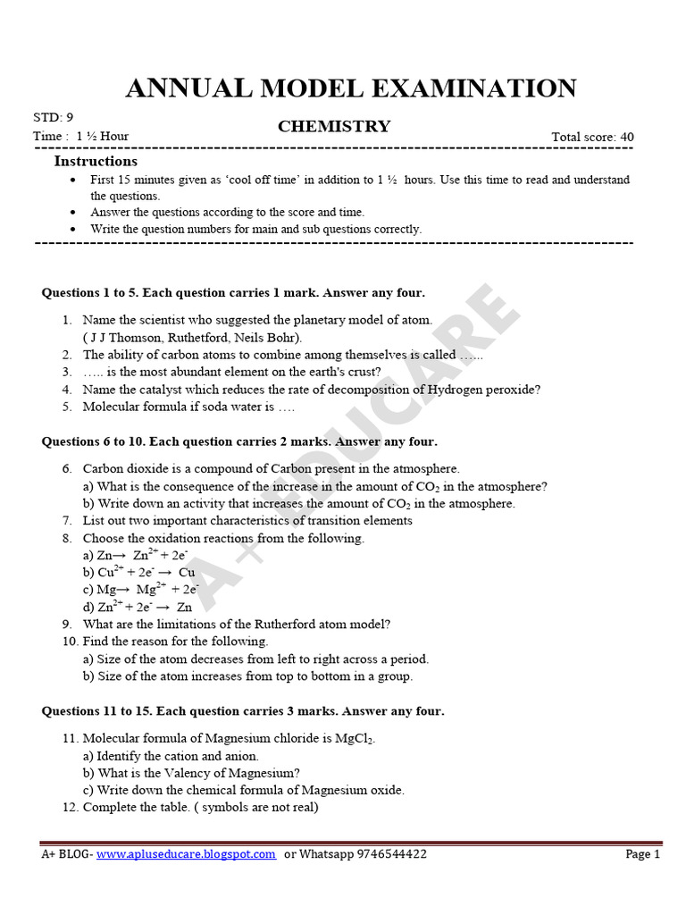 A+ Blog-Std-9-Chemistry-Annual Model Examination-2021-Em | PDF ...