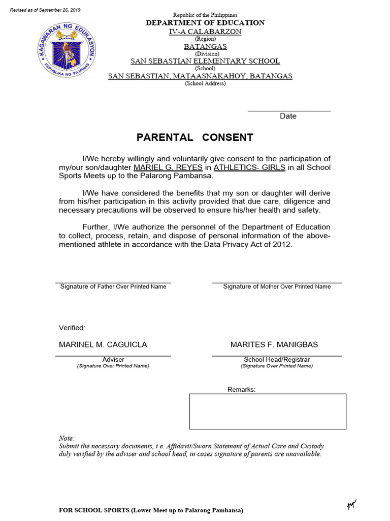 2020 - Parents Consent - Revised-2 | PDF | Affidavit | Government