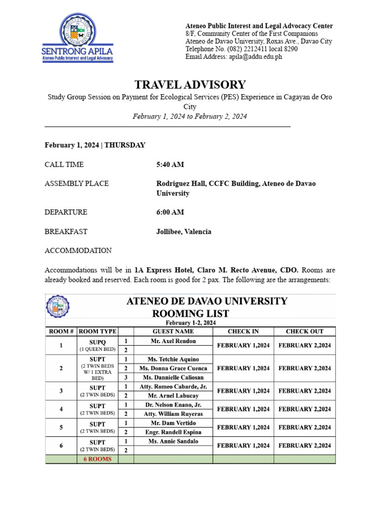 Travel Advisory - Luwasa Apo Study Session in CDO | PDF