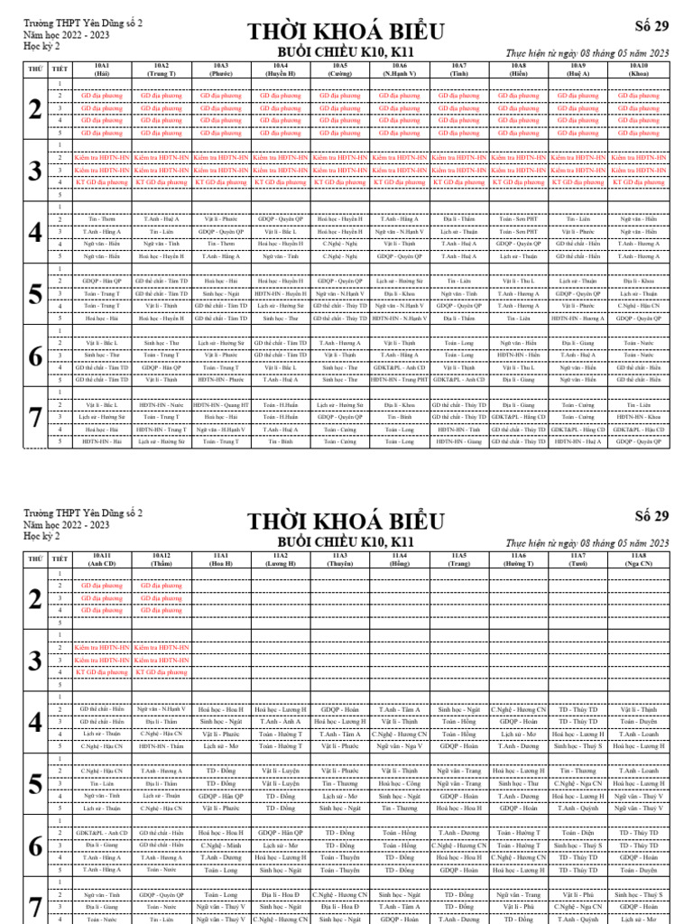 TKB - Học Bù K10,11 (Chiều) | PDF
