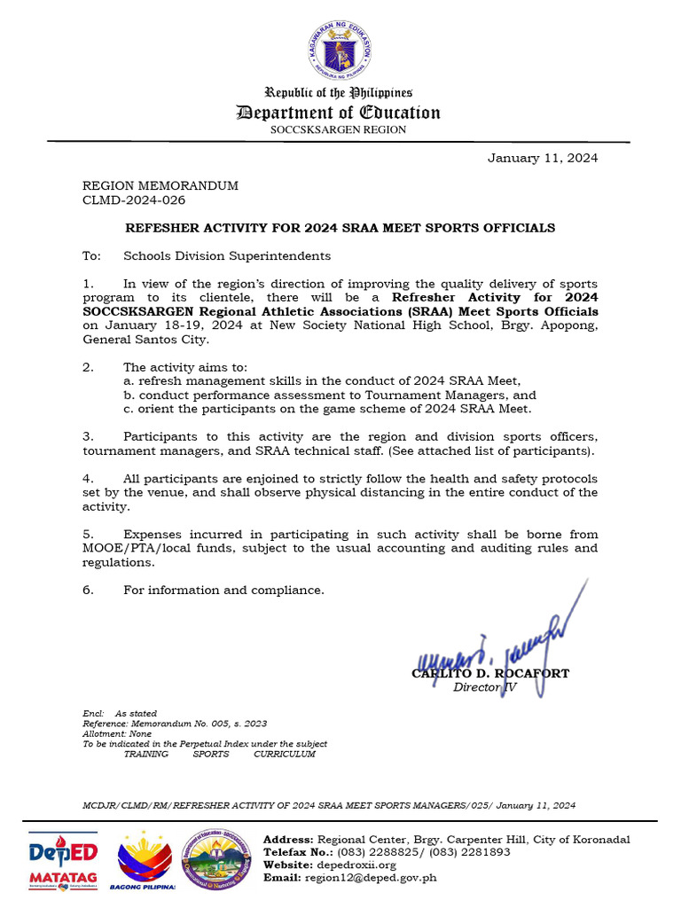Region Memorandum CLMD 2024 026 REFESHER ACTIVITY FOR 2024 SRAA MEET SPORTS OFFICIALS | PDF