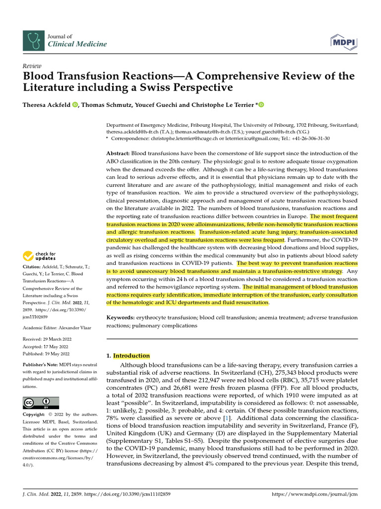 Blood Transfusion Reactions-A Comprehensive Review of The Literature ...
