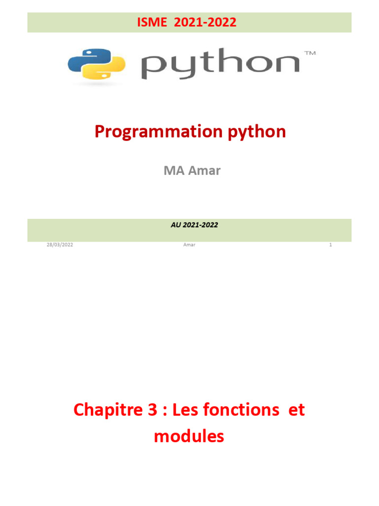 Chapitre 3 Fonctions Et Modules | PDF | Python (Langage de programmation) | Programmation ...