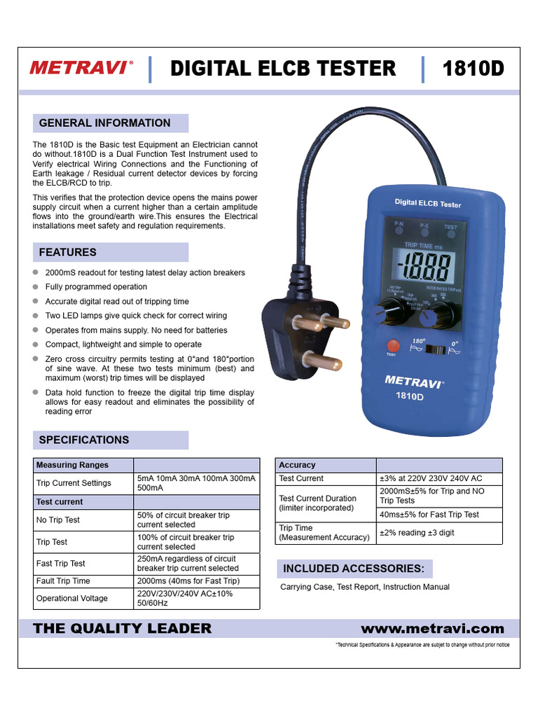 Metravi 1810D ELCB Tester Catalogue | PDF | Mains Electricity ...