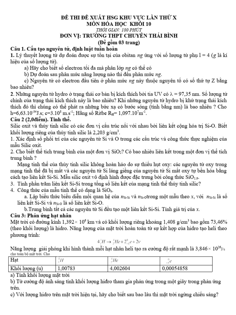 De Thi de Xuat Mon Hoa 10 Chuyen Thai Binh | PDF