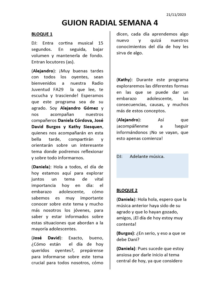 Guion Radial: Embarazo Adolescente | PDF | Adolescencia | Verdad