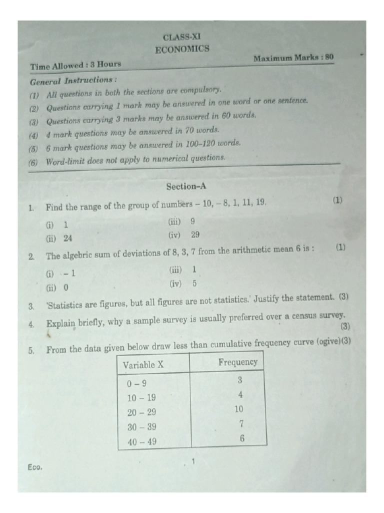 Class 11 Economics Paper 2018-19 | PDF