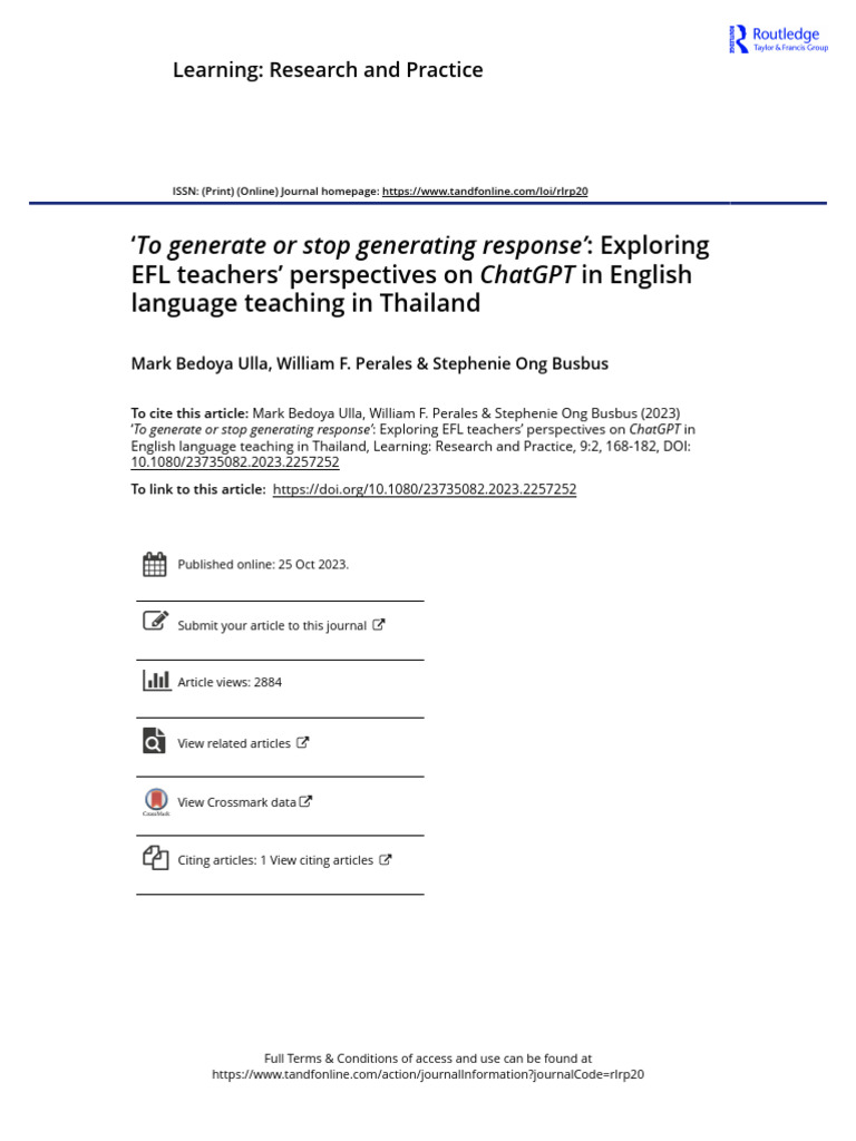To Generate or Stop Generating Response Exploring EFL Teachers Perspectives On ChatGPT in ...