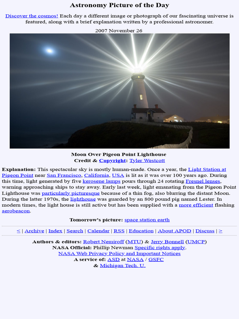 APOD 2007 November 26 - Moon Over Pigeon Point Lighthouse | PDF ...