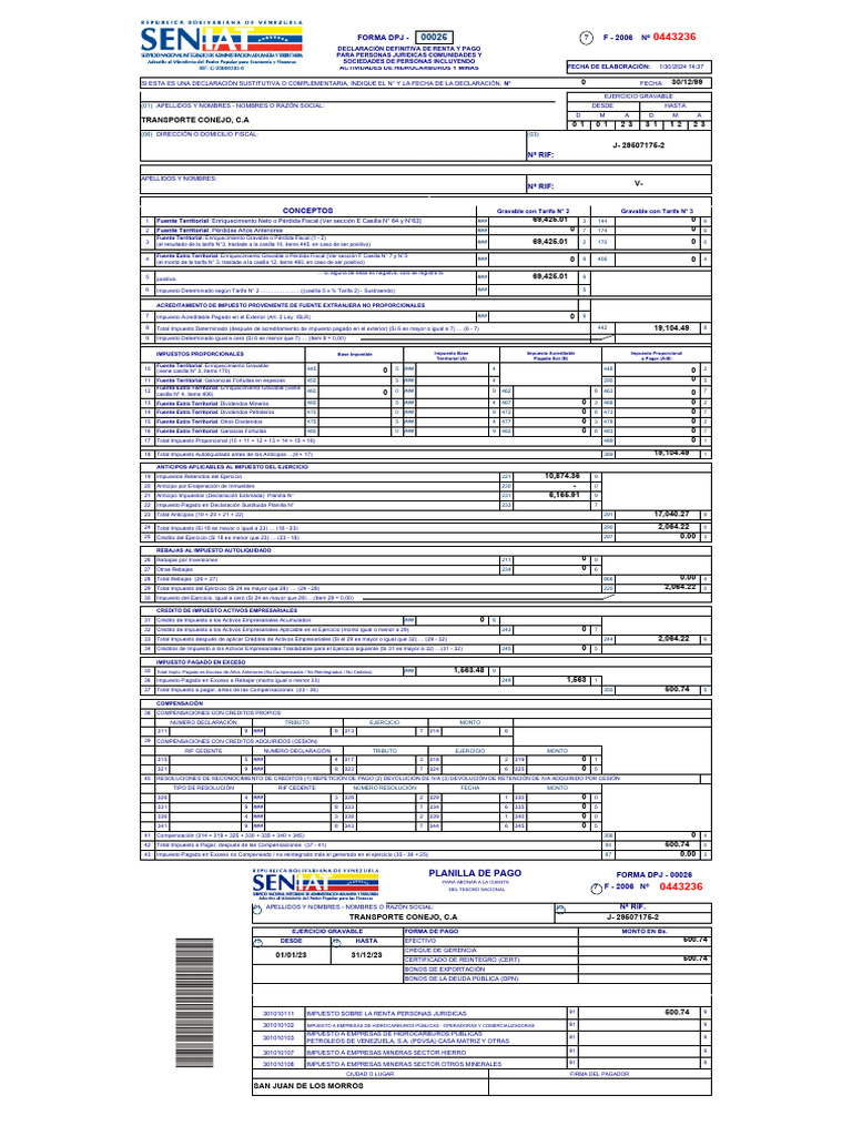 Libro de Adic. Ajuste DPJ Forma 26 Transporte Conejo, C.A 2023 | PDF ...