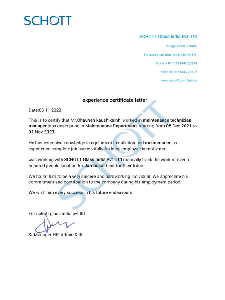 Experience Certificate Ex | PDF
