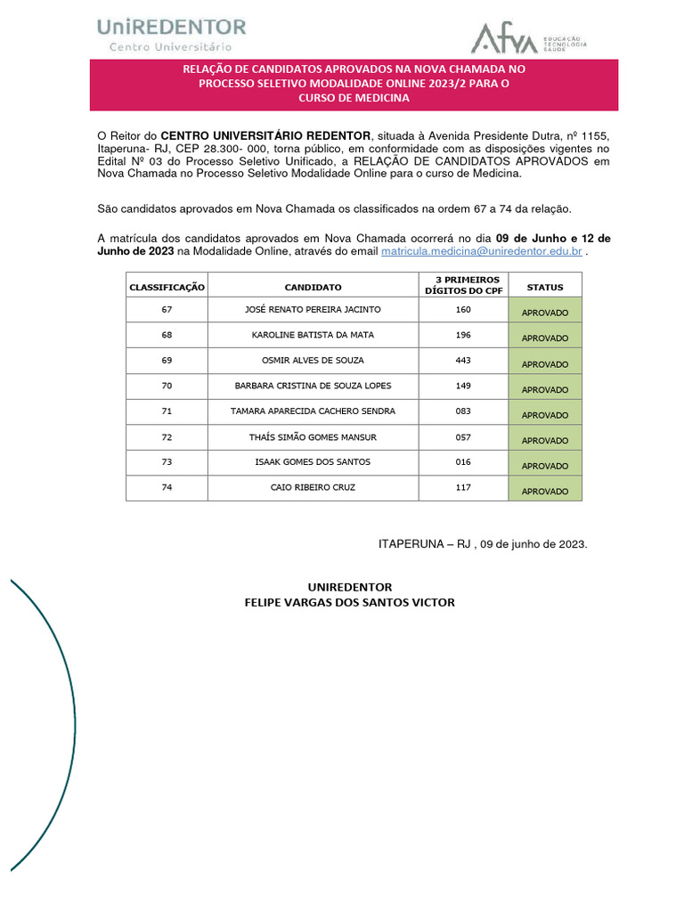Uniredentor Medicina On 2023 Nova Chamada 09 06 | PDF