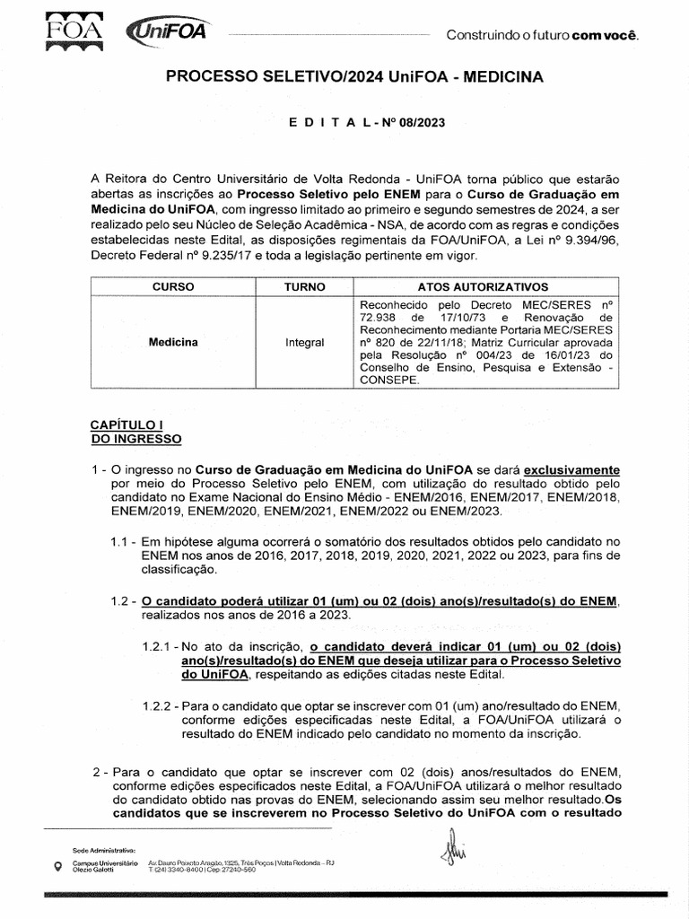 Edital No 08 23 Processo Seletivo 2024 Medicina Ref. 2024.1 e 2024.2 | PDF