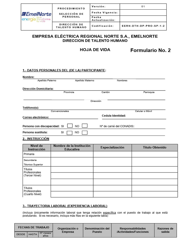 Formulario No. 2. - Hoja de Vida | PDF