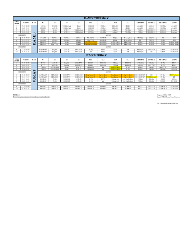 Jadwal Pelajaran Sma 2023 - 2024 (Revisi 4) | PDF