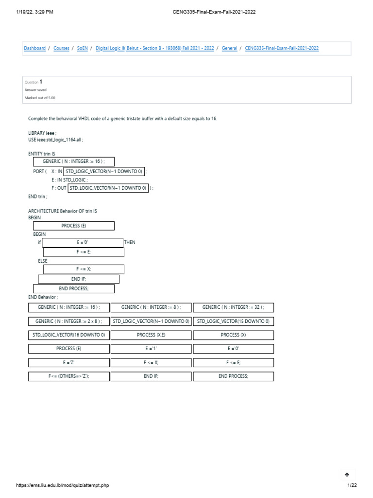 Dashboard Courses Soen Digital Logic II (Beirut - Section B - 193068) Fall 2021 - 2022 General ...
