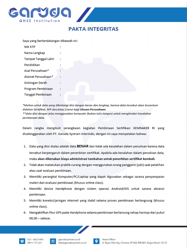 Pakta Integritas Pelatihan | PDF | Karier & Perkembangan | Komputer