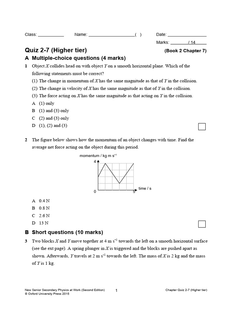 Physics Quiz 2-7: Momentum & Forces | PDF | Momentum | Force
