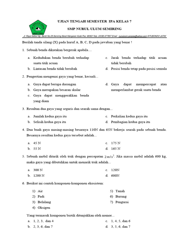 Soal UTS IPA Kelas 7 SMP Nurul Ulum | PDF