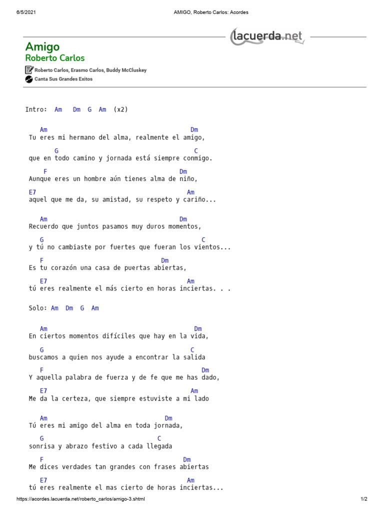 AMIGO, Roberto Carlos - Acordes | PDF