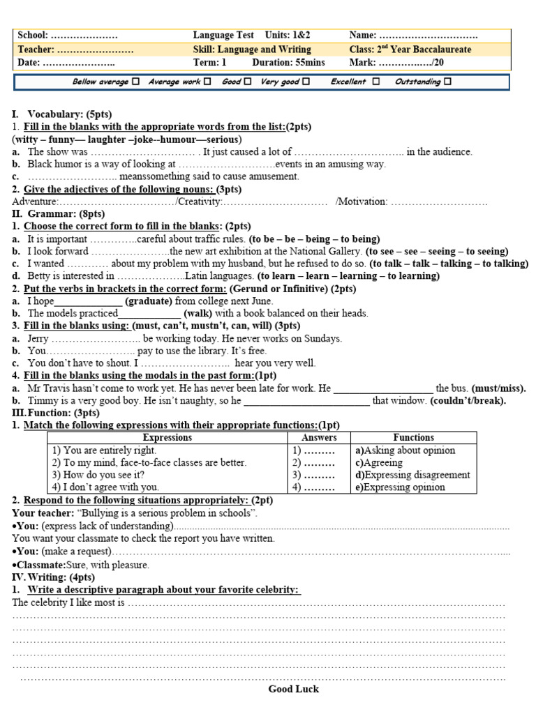 2nd Bac Quizzes 10 | PDF | Humour