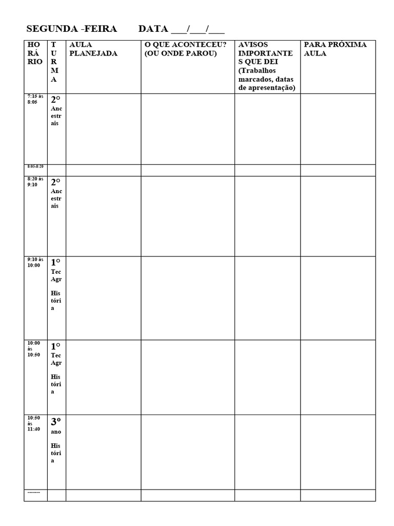 Tabela Com Exemplo de Como Organizar Aulas (Em Branco) | PDF