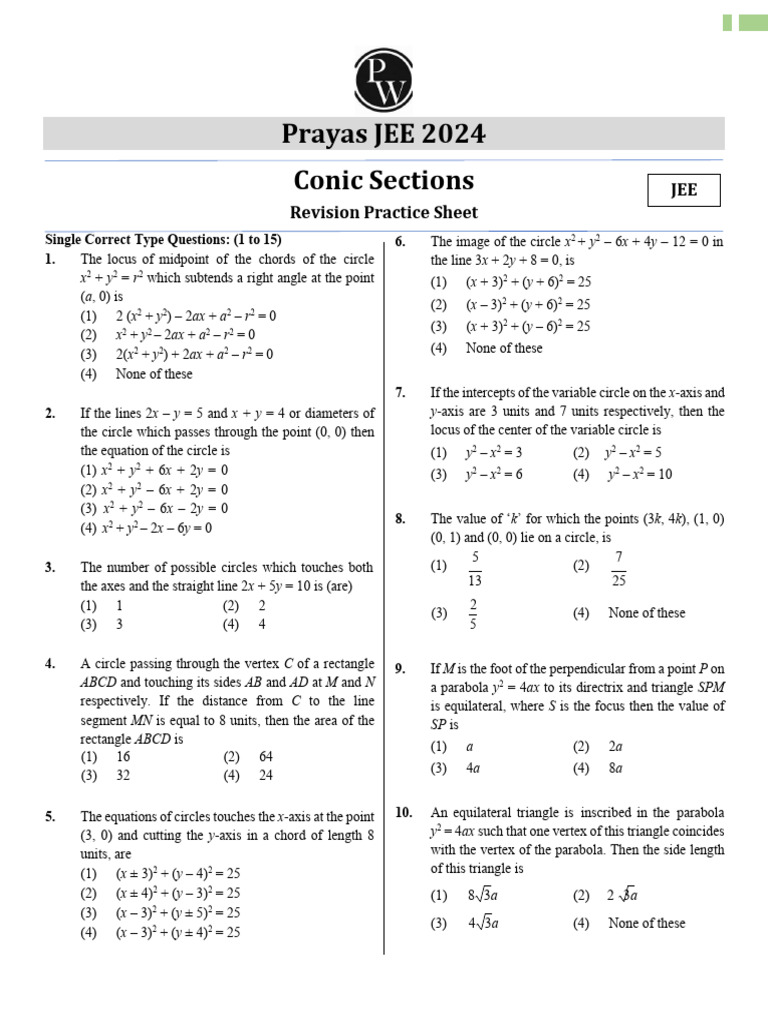 Conic Sections - Practice Sheet - Prayas JEE 2024 | PDF