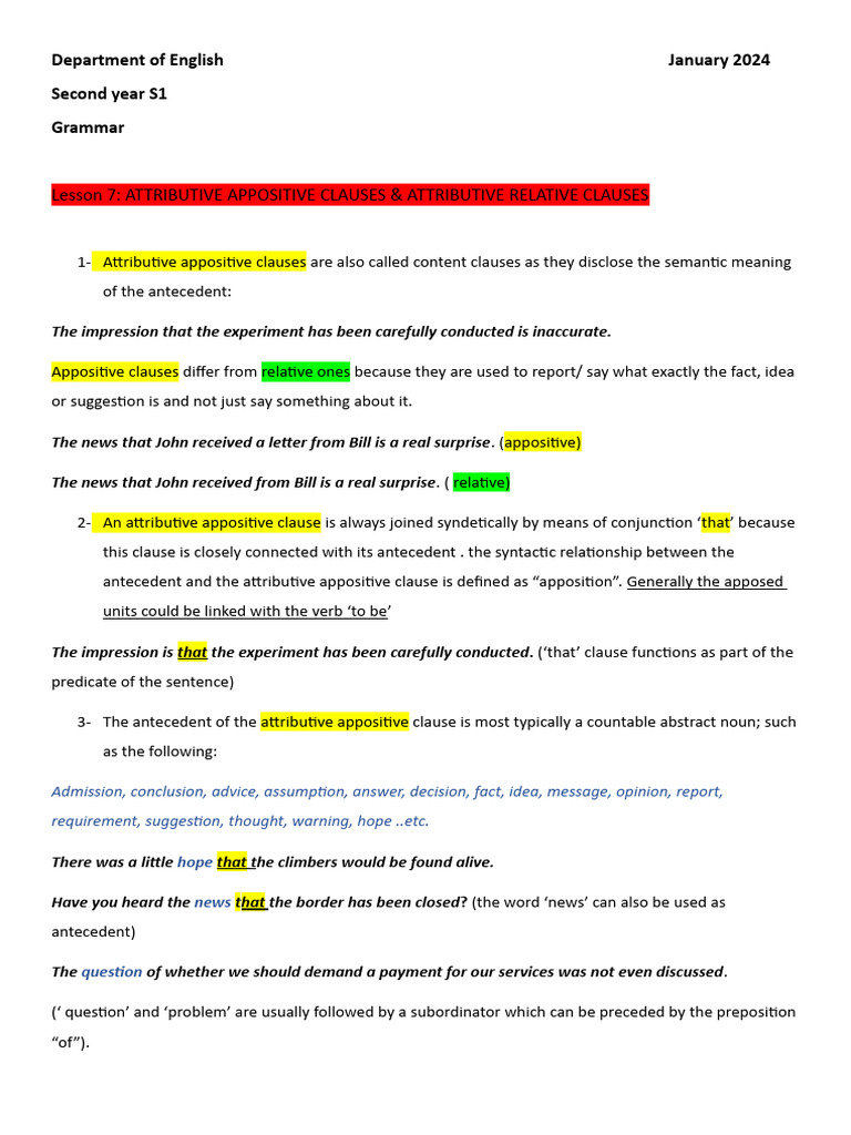 Attributive Appositive and Relative Clauses | PDF | Adjective | Clause