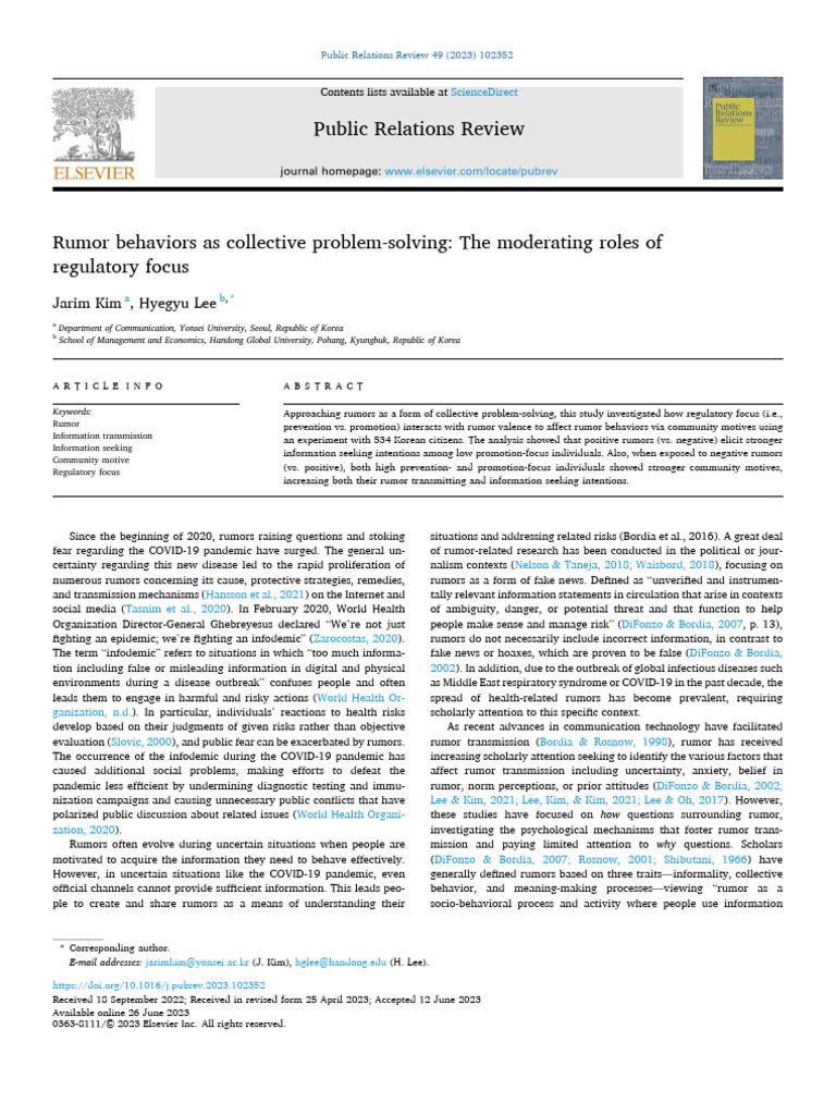 Rumor Behaviors As Collective Problem-Solving - The Moderating Roles of ...