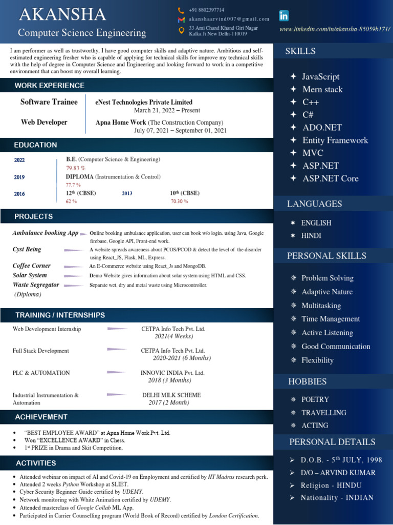 Akansha Resume | Download Free PDF | Java Script | Software Engineering