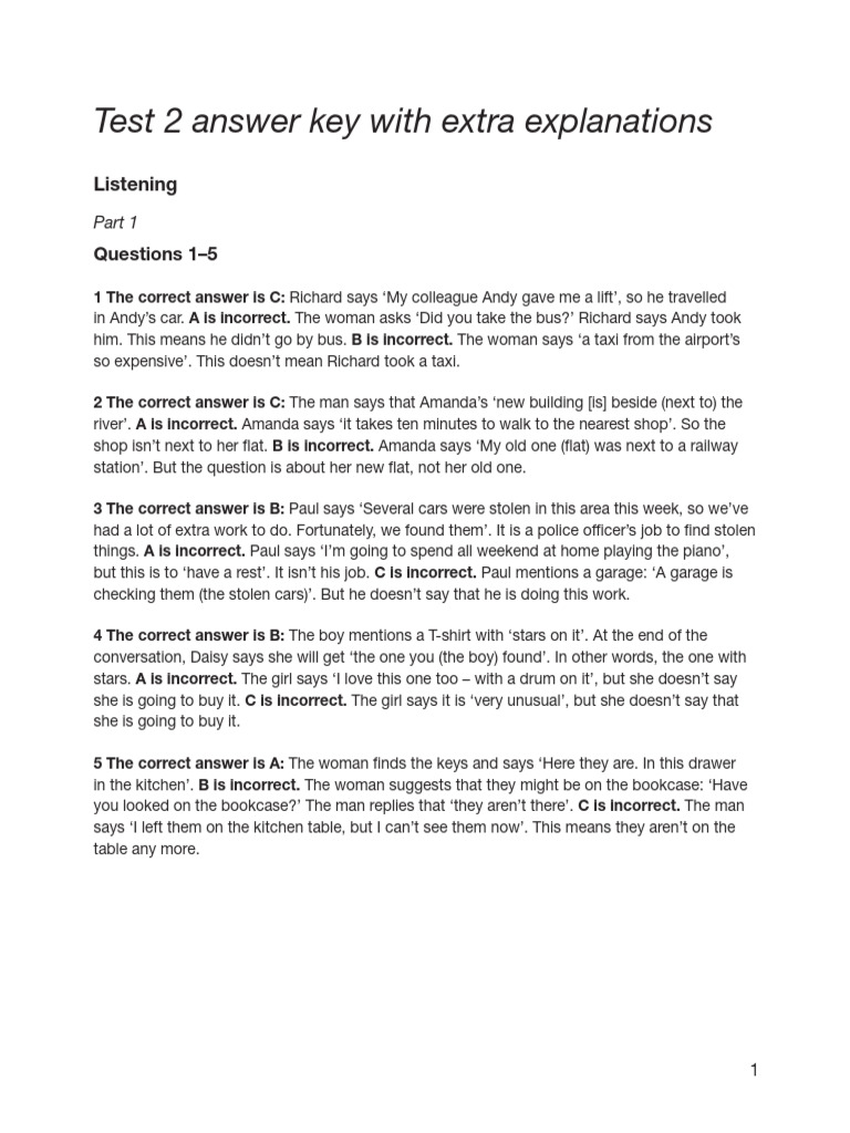A2 Key 2, Test 2 Answer Key, Listening | PDF