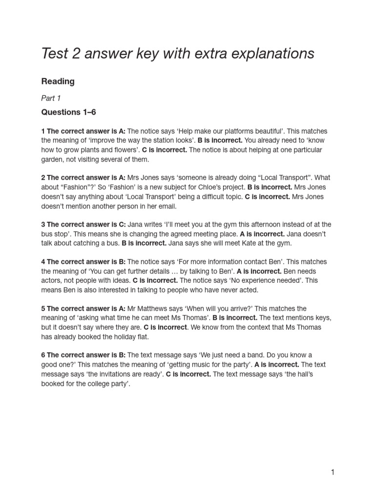 A2 Key 2, Test 2 Answer Key, Reading | Download Free PDF | Word | Adverb