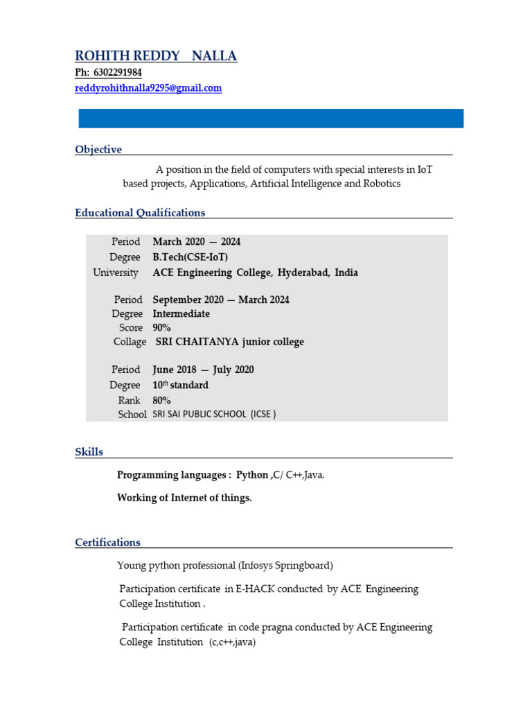Rohith 20 Resume | PDF