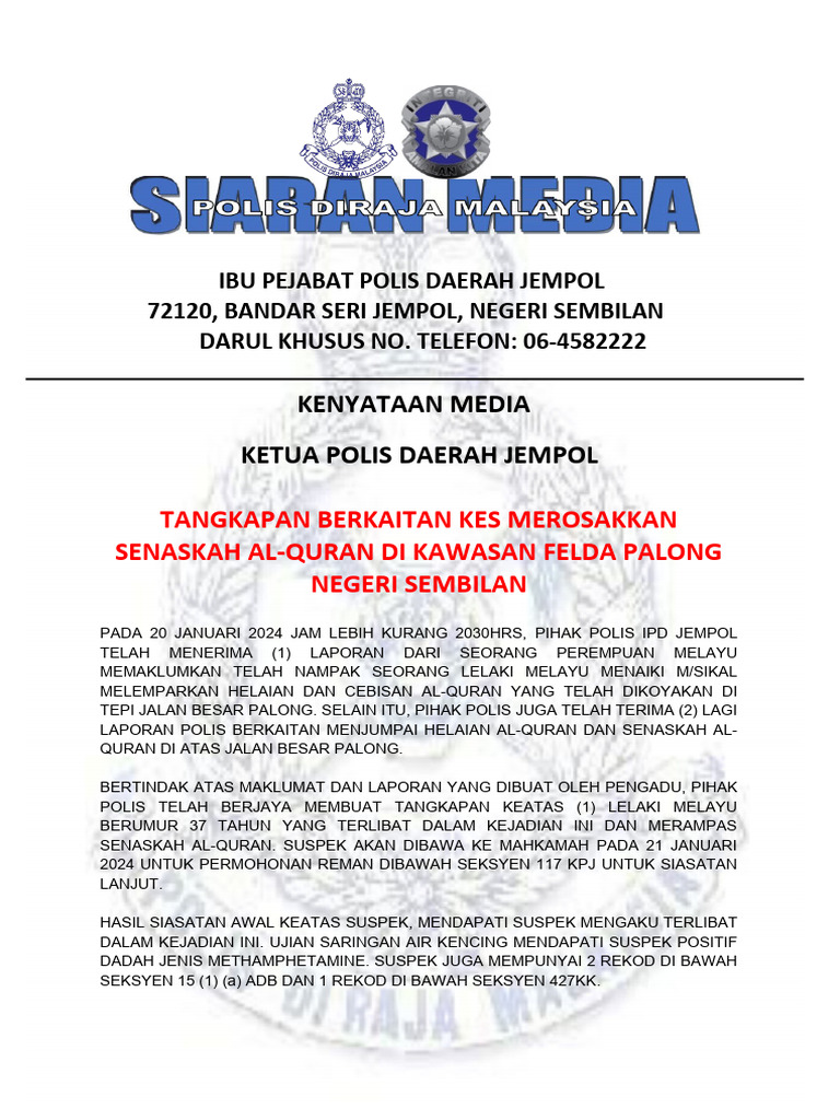 Siaran Kenyataan Media KPD Jempol | PDF