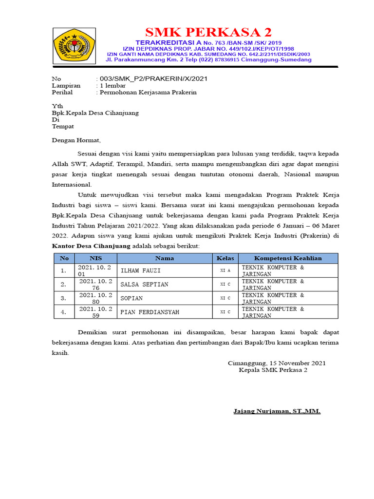Contoh Surat Permohonan Prakerin. 2 | PDF