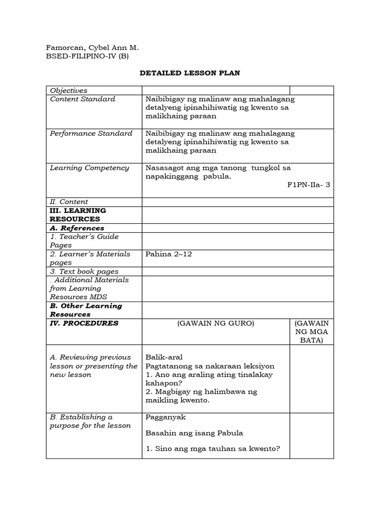 DETAILED-LESSON-PLAN-BENLAC (PABULA) | PDF