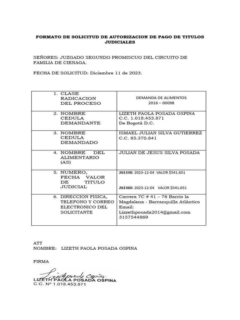 Formato Solicitud de Titulos Judiciales | PDF