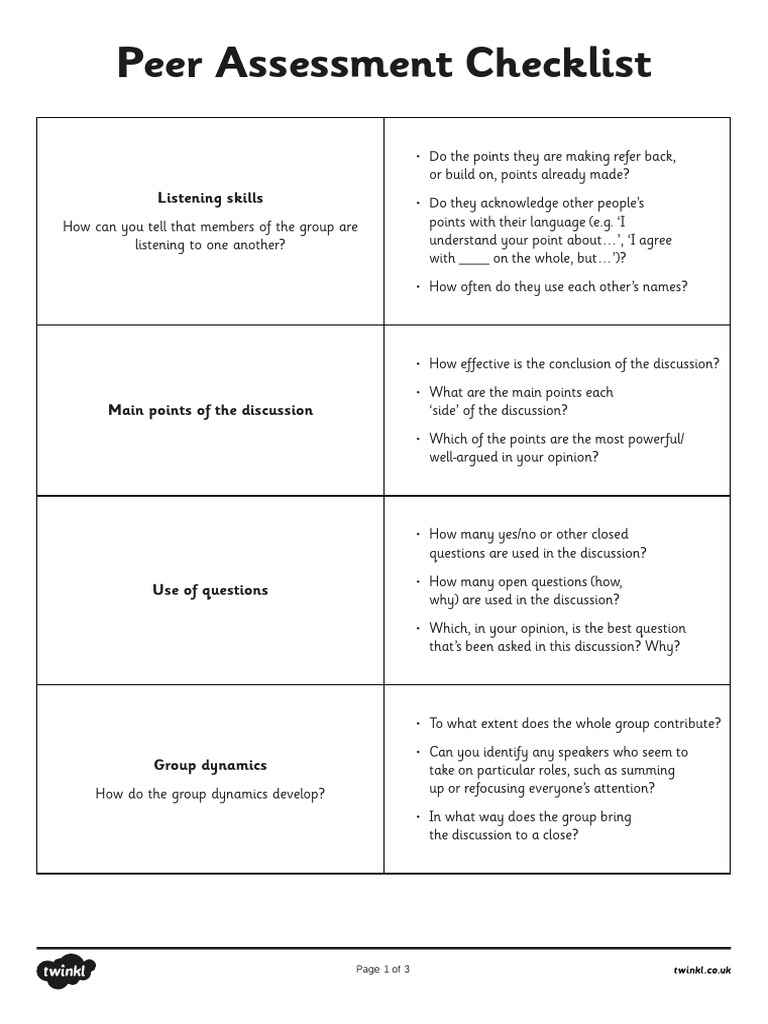 Peer Assessment and Self-Evaluation Checklist | PDF | Conversation ...