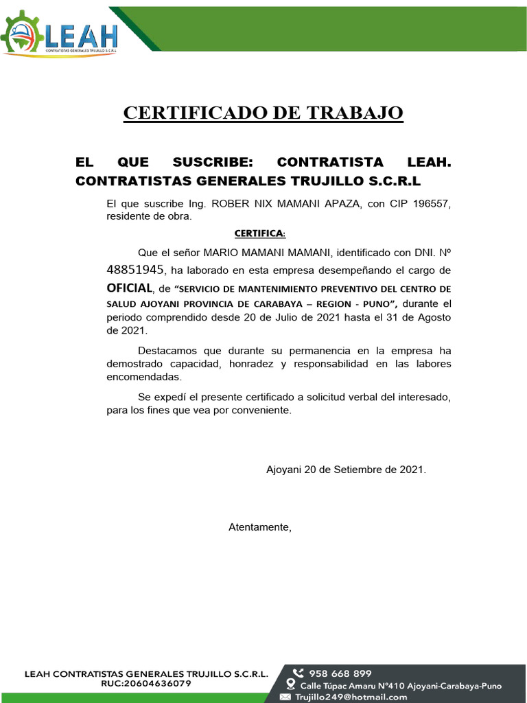 Certificado de Trabajo - Mario Mamani Mamani | PDF | Crecimiento ...