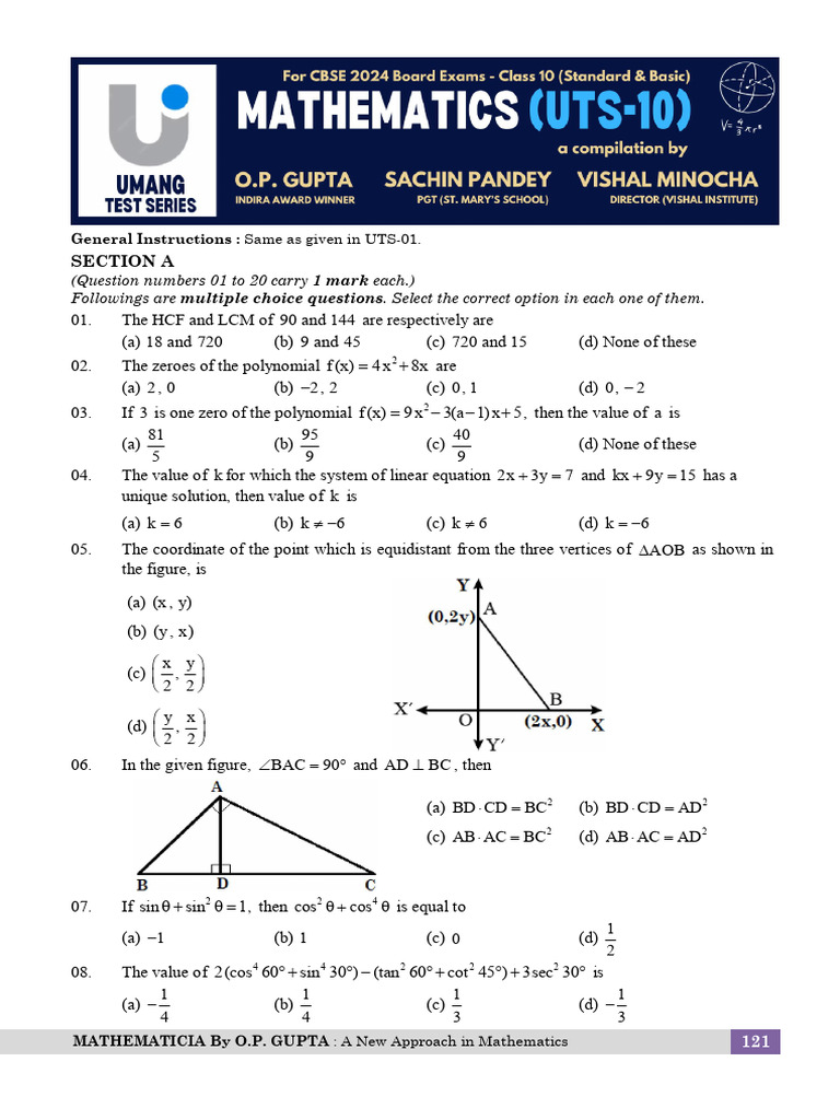 Sample Paper For X (Uts-10 by O.P. Gupta) | PDF | Circle | Sphere
